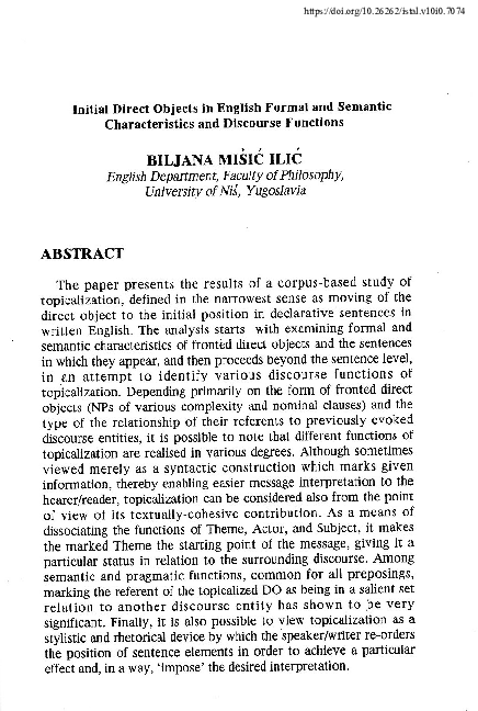 (PDF) Initial Direct Objects in English Formal and Semantic Characteristics and Discourse Functions