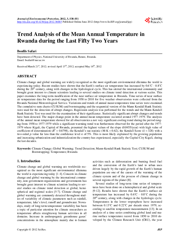 (PDF) Trend Analysis of the Mean Annual Temperature in Rwanda during the Last Fifty Two Years