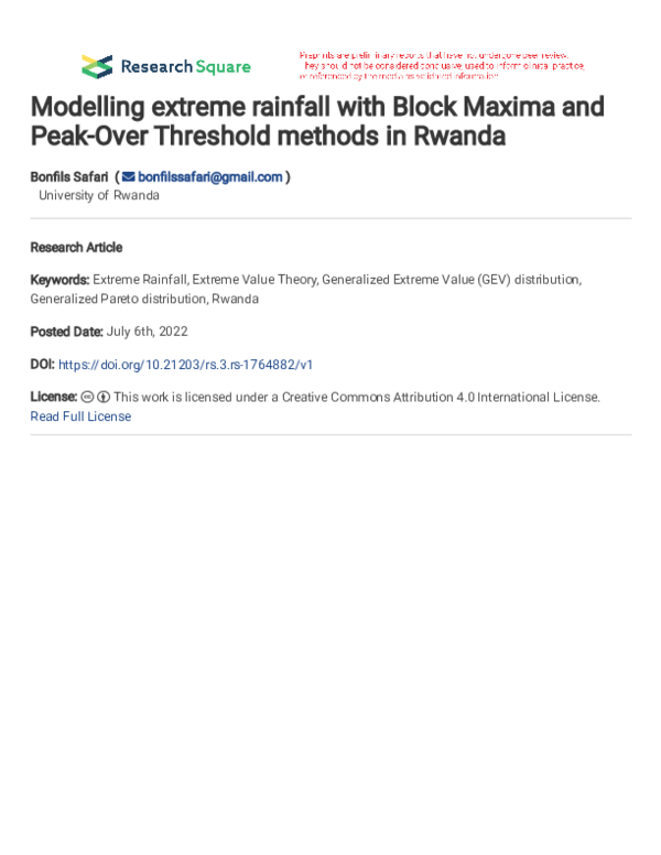 (PDF) Modelling extreme rainfall with Block Maxima and Peak-Over Threshold methods in Rwanda