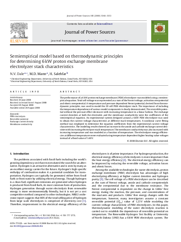 (PDF) Semiempirical model based on thermodynamic principles for determining 6kW proton exchange ...
