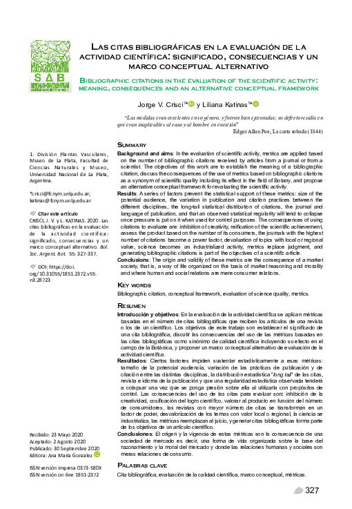 (PDF) Las citas bibliográficas en la evaluación de la actividad científica: significado ...
