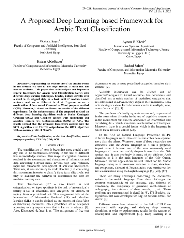 Pdf A Proposed Deep Learning Based Framework For Arabic Text Classification Dr Ayman Khedr