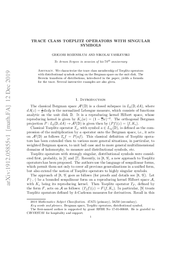 (PDF) Trace class Toeplitz operators with singular symbols | Grigori Rozenblioum - Academia.edu