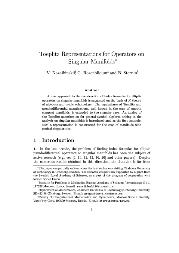 Pdf Toeplitz Representations For Operators On Singular Manifolds