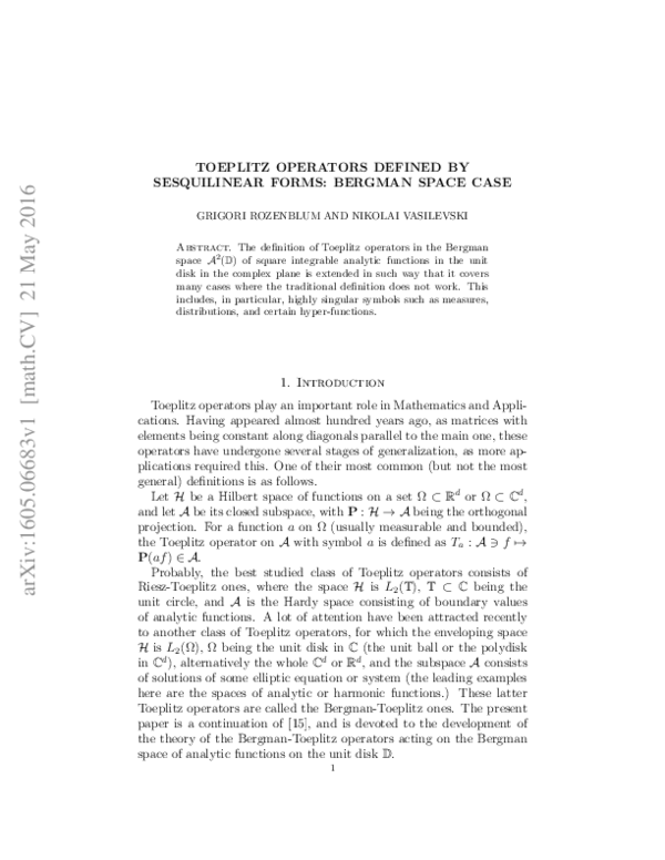 Pdf Toeplitz Operators Defined By Sesquilinear Forms Bergman Space Case