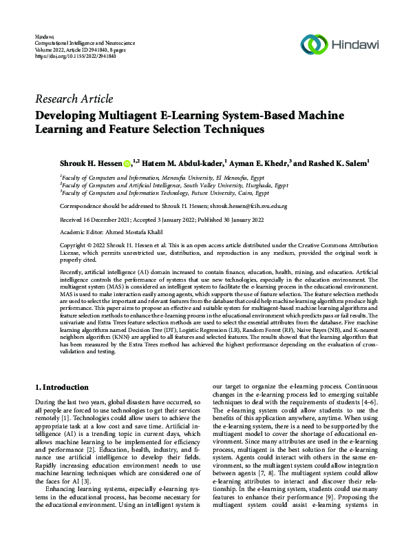 Pdf Developing Multiagent E Learning System Based Machine Learning And Feature Selection 
