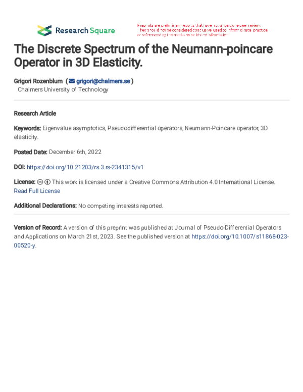 (PDF) The Discrete Spectrum of the Neumann-poincare Operator in 3D ...