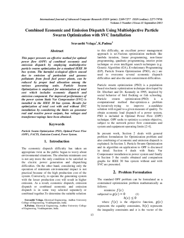Pdf Combined Economic And Emission Dispatch Using Multiobjective Particle Swarm Optimization