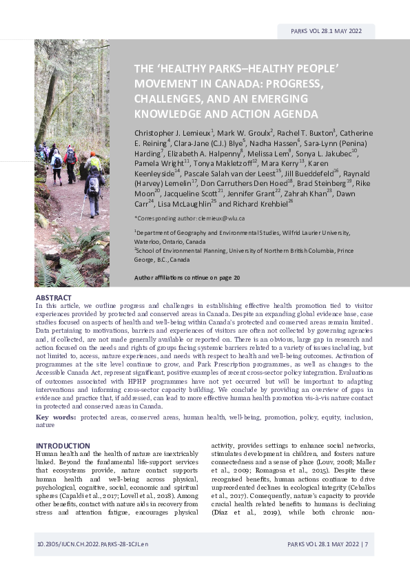 (PDF) The ‘healthy parks–healthy people’ movement in Canada: progress ...