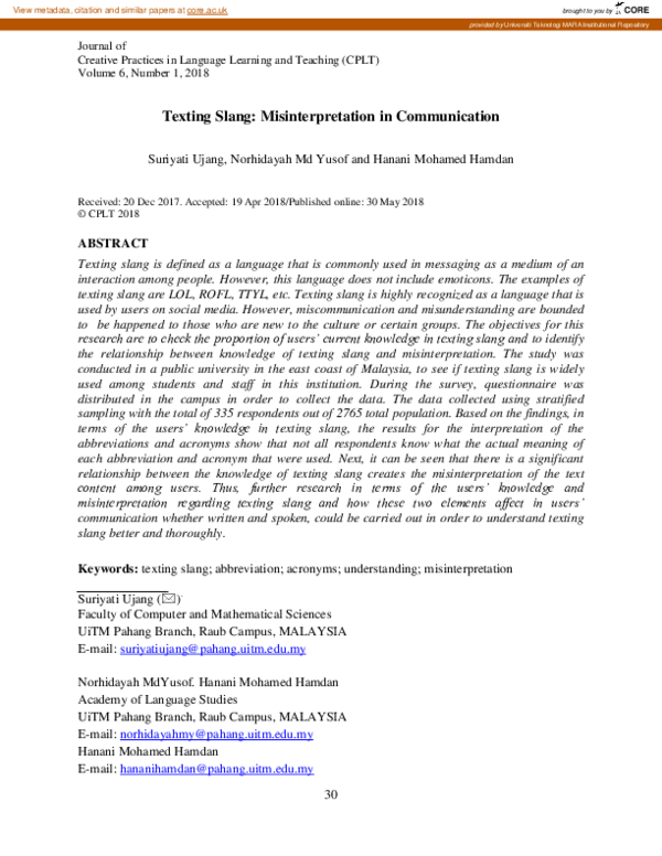 (PDF) Texting slang: Misinterpretation in communication / Suriyati ...