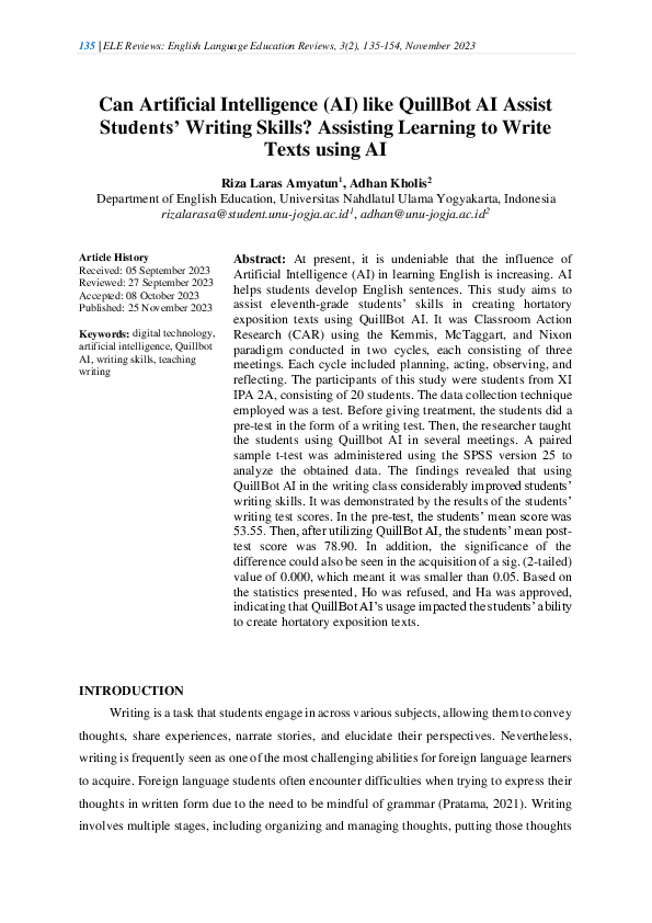 (PDF) Can Artificial Intelligence (AI) like QuillBot AI Assist Students' Writing Skills ...