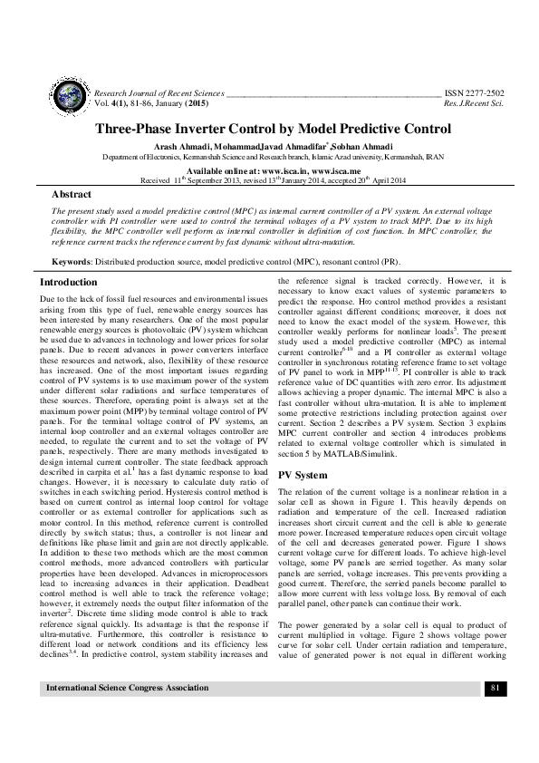 (PDF) Three-Phase Inverter Control by Model Predictive Control