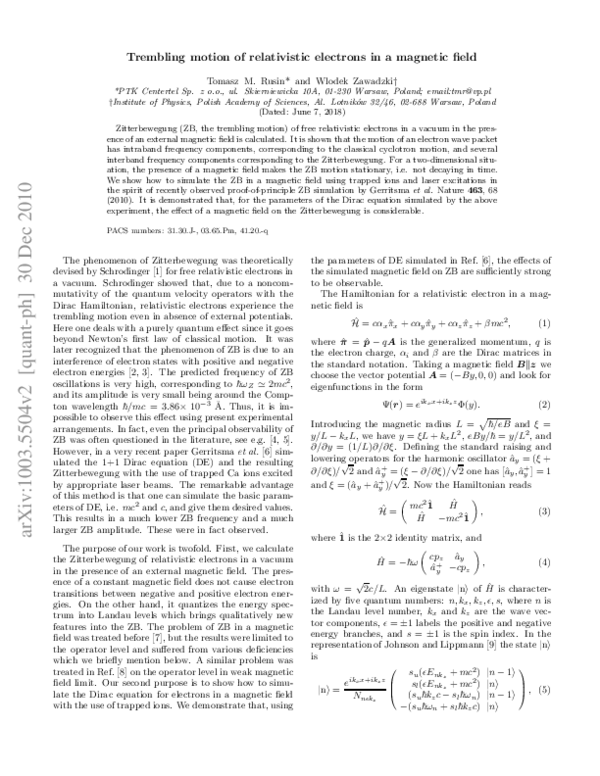 (PDF) Trembling motion of relativistic electrons in a magnetic field ...