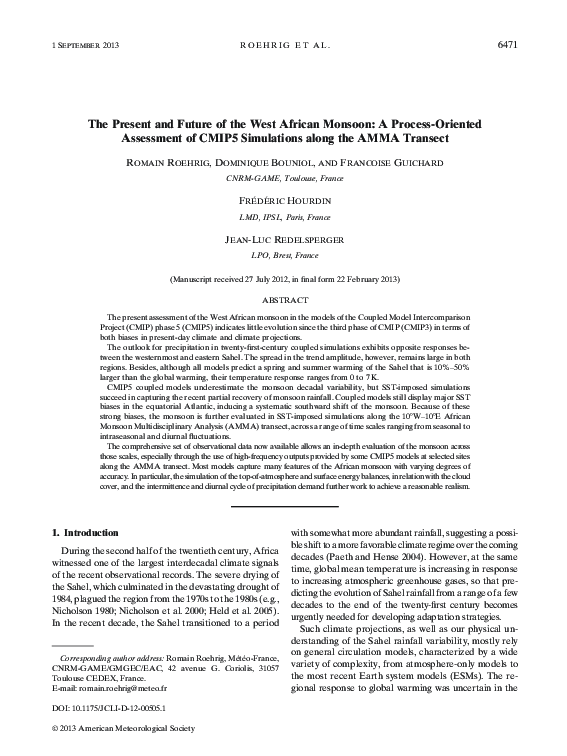 (PDF) The present and future of the West African monsoon: a process-oriented assessment of CMIP5 ...