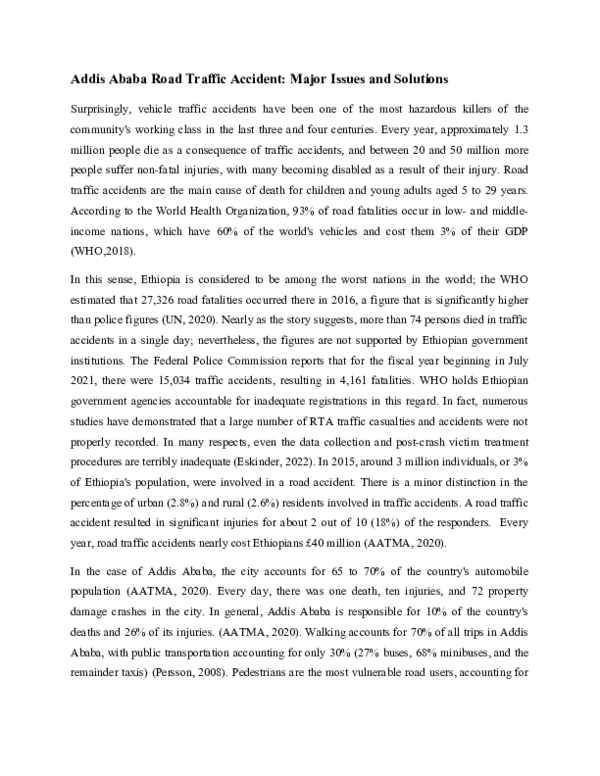 (DOC) Addis Ababa Road Traffic Accident: Major Issues and Solutions