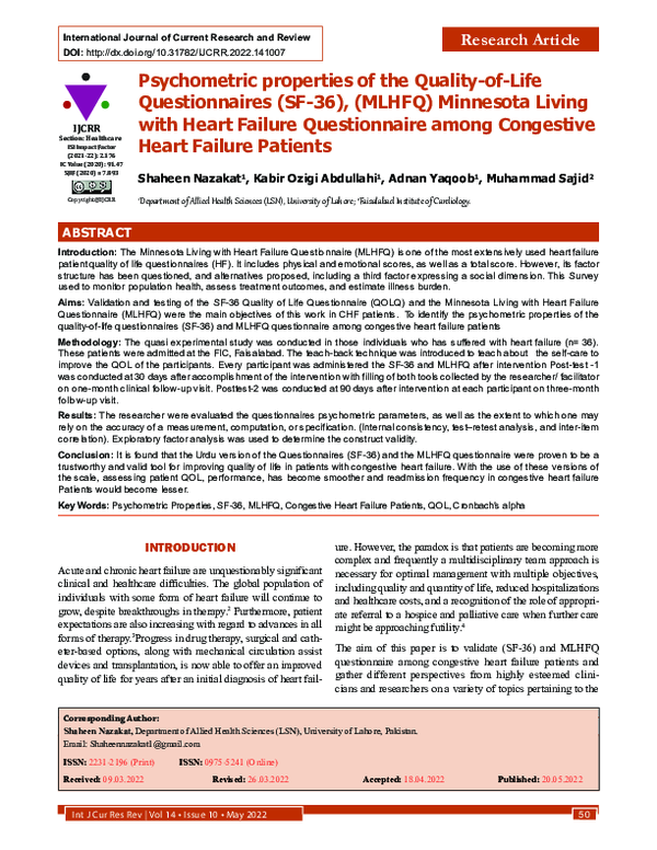 (PDF) Psychometric properties of the Quality-of-Life Questionnaires (SF-36), (MLHFQ) Minnesota ...
