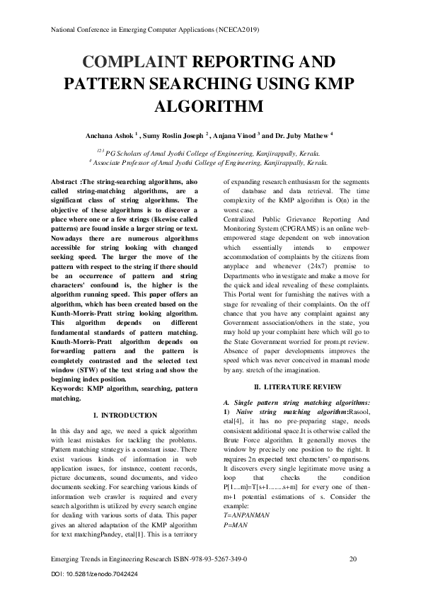 (PDF) Complaint Reporting and Pattern Searching Using KMP Algorithm