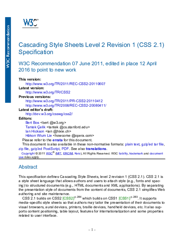(PDF) Cascading Style Sheets, level 2 CSS2 Specification