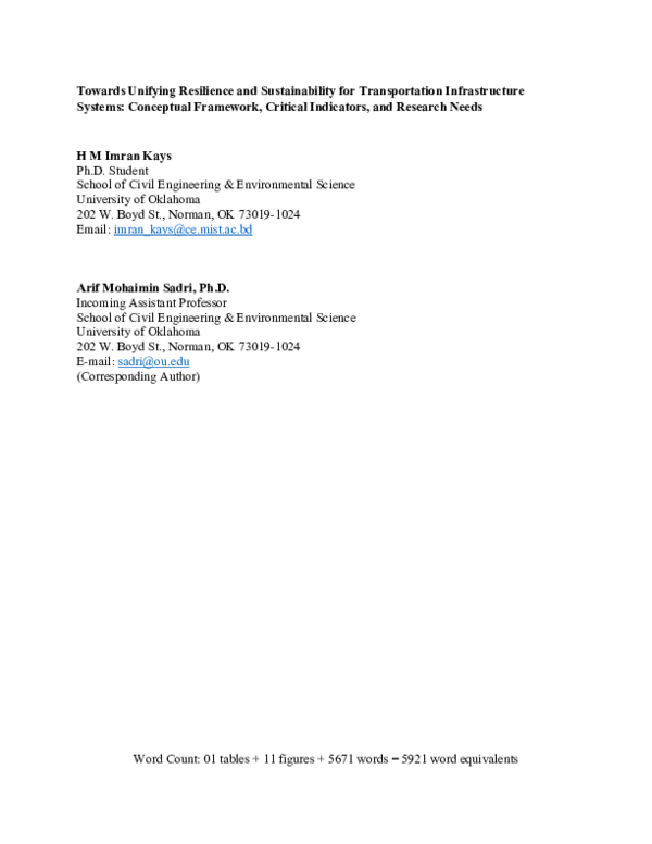 Pdf Towards Unifying Resilience And Sustainability For Transportation