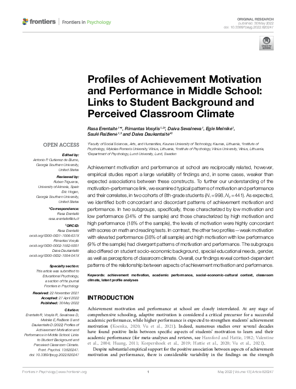 (PDF) Profiles of Achievement Motivation and Performance in Middle School: Links to Student ...