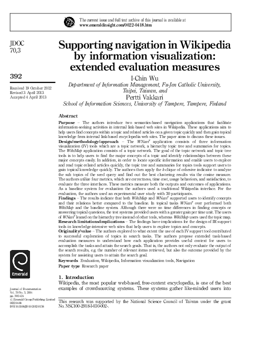 (PDF) Supporting navigation in Wikipedia by information visualization: extended evaluation measures