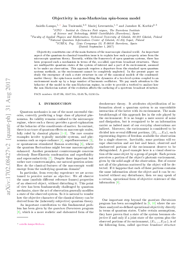 (PDF) Objectivity in the non-Markovian spin-boson model