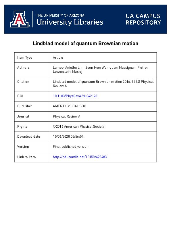 (PDF) A Lindblad Model for Quantum Brownian Motion | Aniello Lampo - Academia.edu