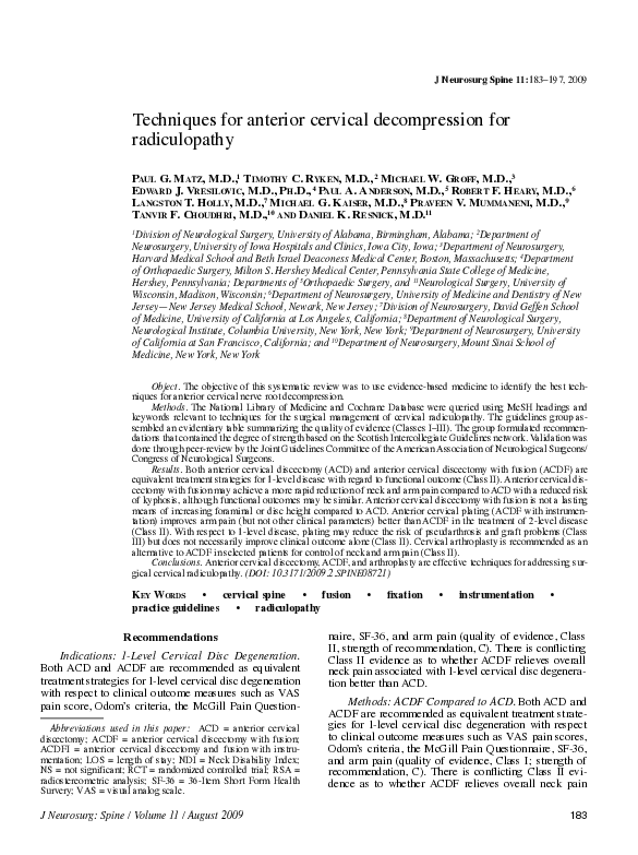 (PDF) Techniques for anterior cervical decompression for radiculopathy ...