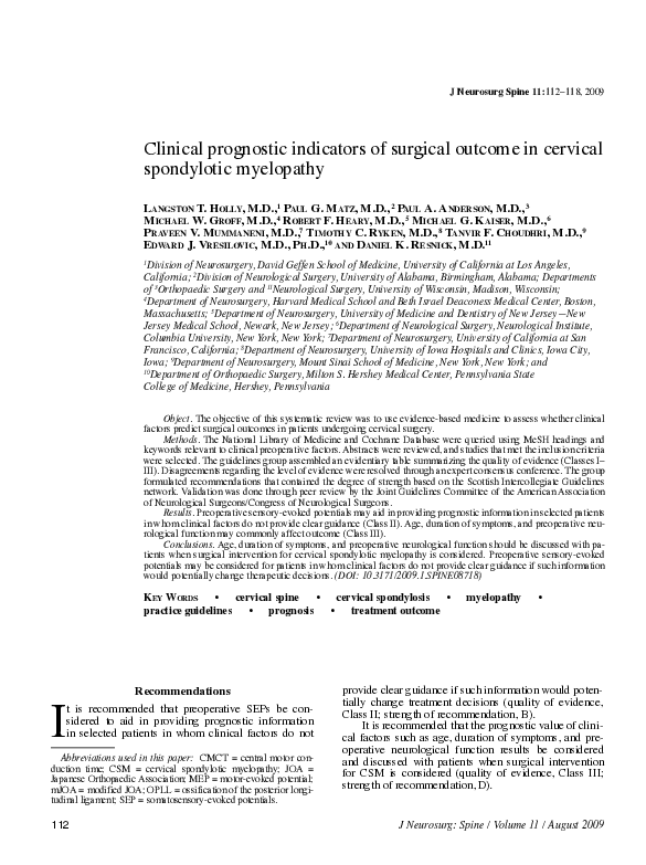 (PDF) Clinical prognostic indicators of surgical outcome in cervical ...