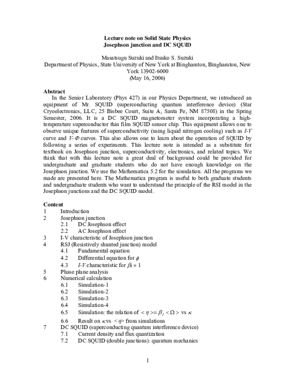 Pdf Lecture Note On Solid State Physics Josephson Junction And Dc Squid