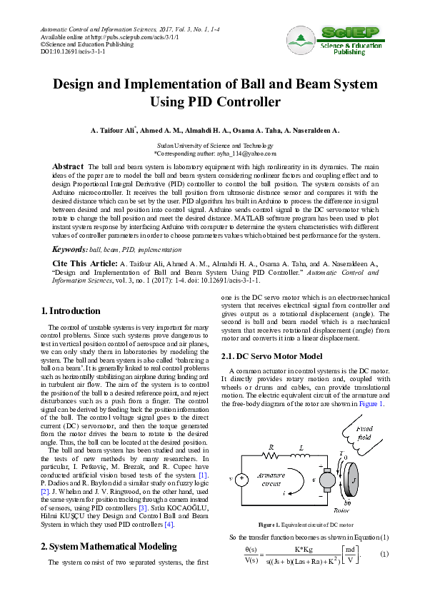 (PDF) Design and Implementation of Ball and Beam System Using PID Controller | Vinka Trifunovic ...