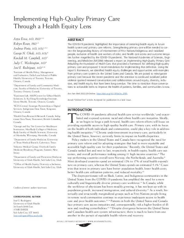 (PDF) Implementing High-Quality Primary Care Through a Health Equity Lens