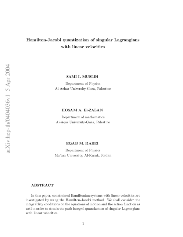 Pdf Hamilton Jacobi Quantization Of Singular Lagrangians With Linear