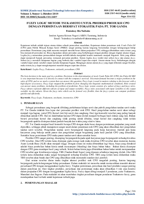 Pdf Fuzzy Logic Metode Tsukamoto Untuk Prediksi Produksi Cpo Dengan Permintaan Bersifat 