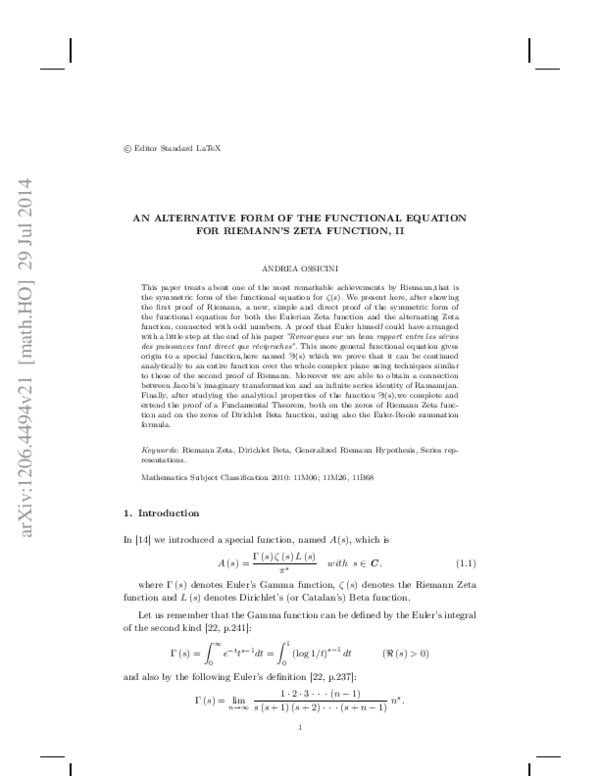 (PDF) An Alternative Form of the Functional Equation for Riemann's Zeta Function, II