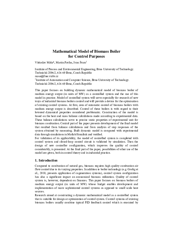(PDF) Mathematical Model of Biomass Boiler for Control Purposes