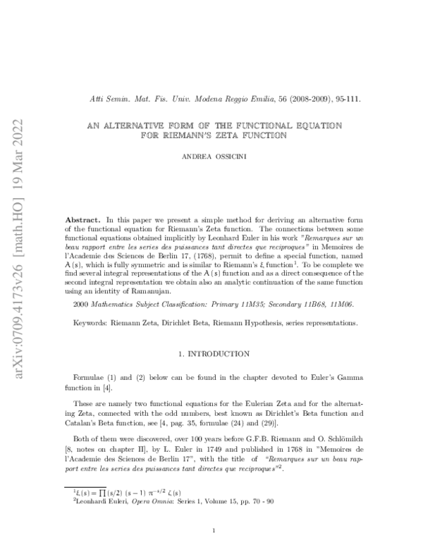 (PDF) An Alternative Form of the Functional Equation for Riemann's Zeta ...