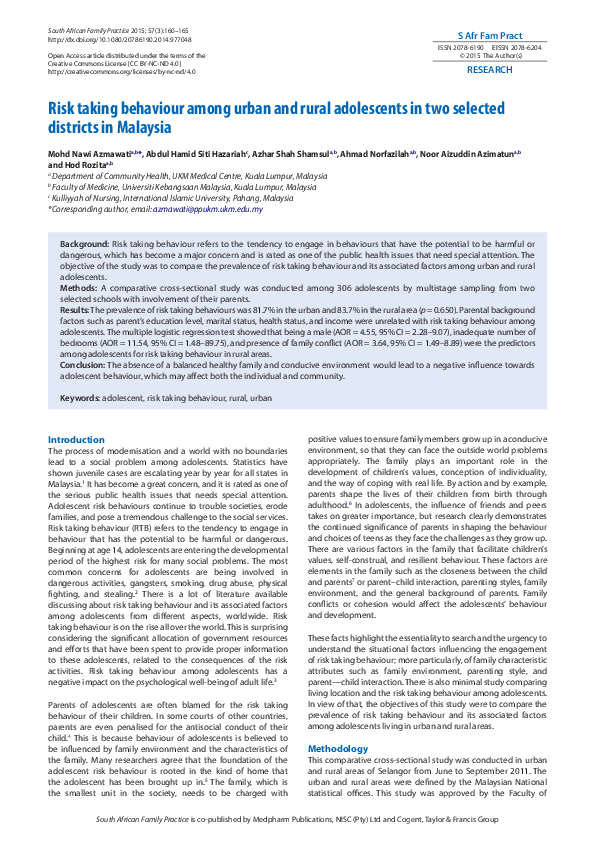 (PDF) Risk taking behaviour among urban and rural adolescents in two selected districts in Malaysia