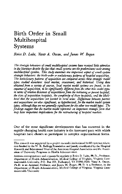 (PDF) Birth order in small multihospital systems