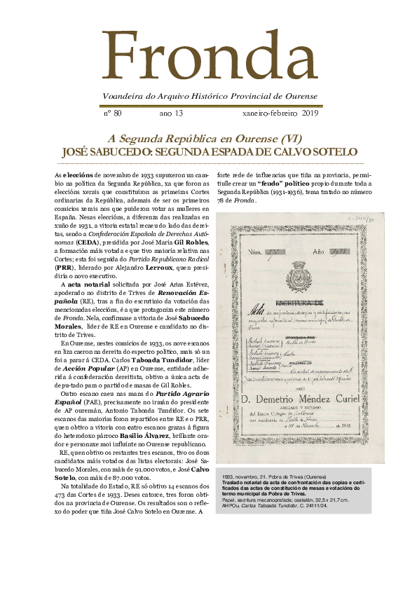 (PDF) A Segunda República en Ourense (VI): José Sabucedo: segunda ...