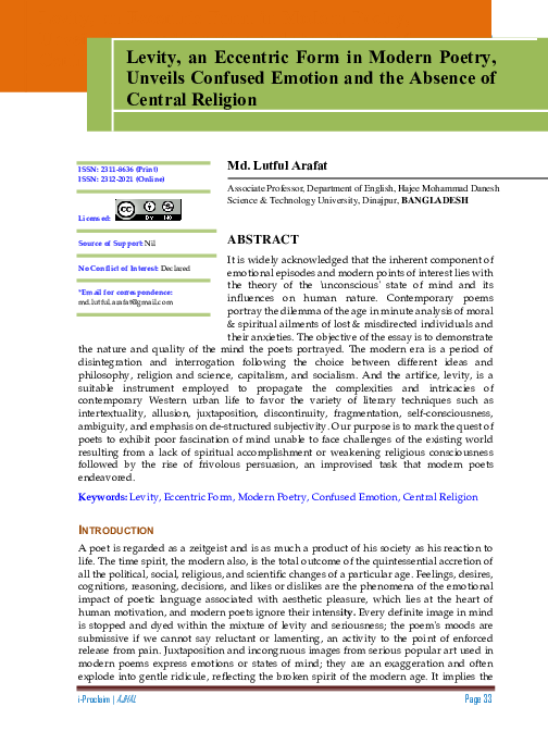 (PDF) Levity, an Eccentric Form in Modern Poetry, Unveils Confused ...