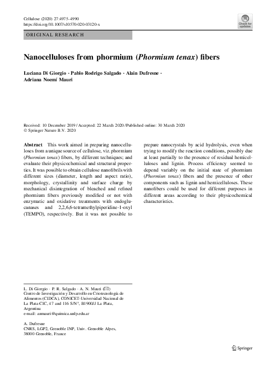 (PDF) Nanocelluloses from phormium (Phormium tenax) fibers