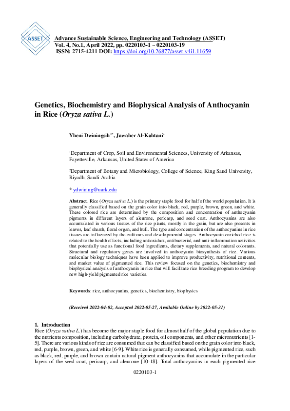 (PDF) Genetics, Biochemistry and Biophysical Analysis of Anthocyanin in Rice (Oryza sativa L.)