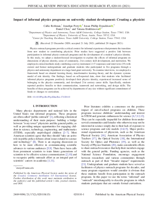 (PDF) Impact of informal physics programs on university student ...