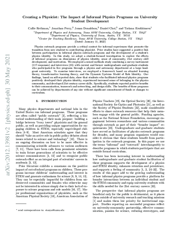 (PDF) Creating a Physicist: The Impact of Informal/Outreach Programs on ...