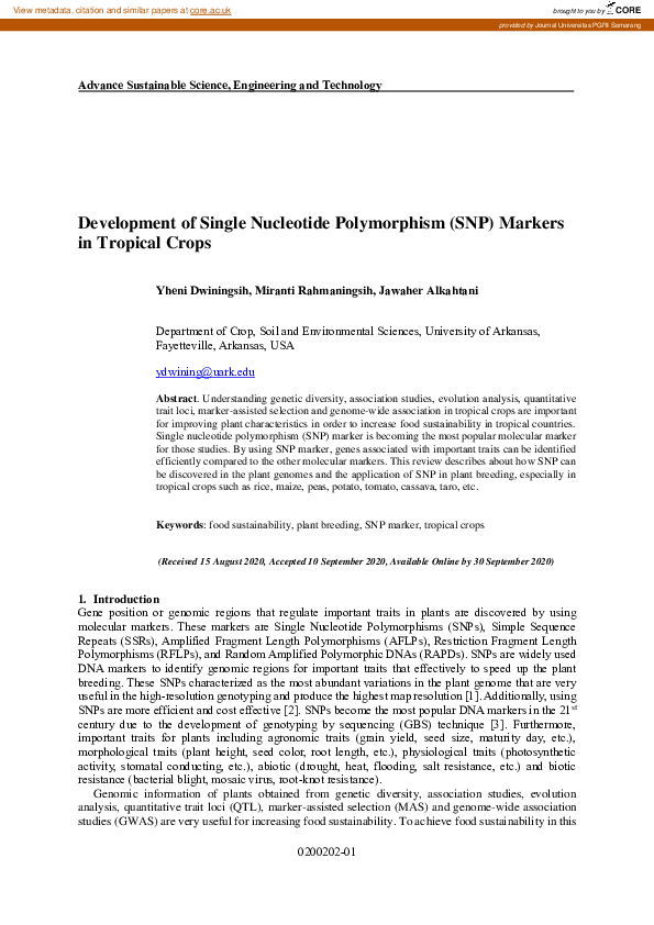 (PDF) Development of Single Nucleotide Polymorphism (SNP) Markers in Tropical Crops