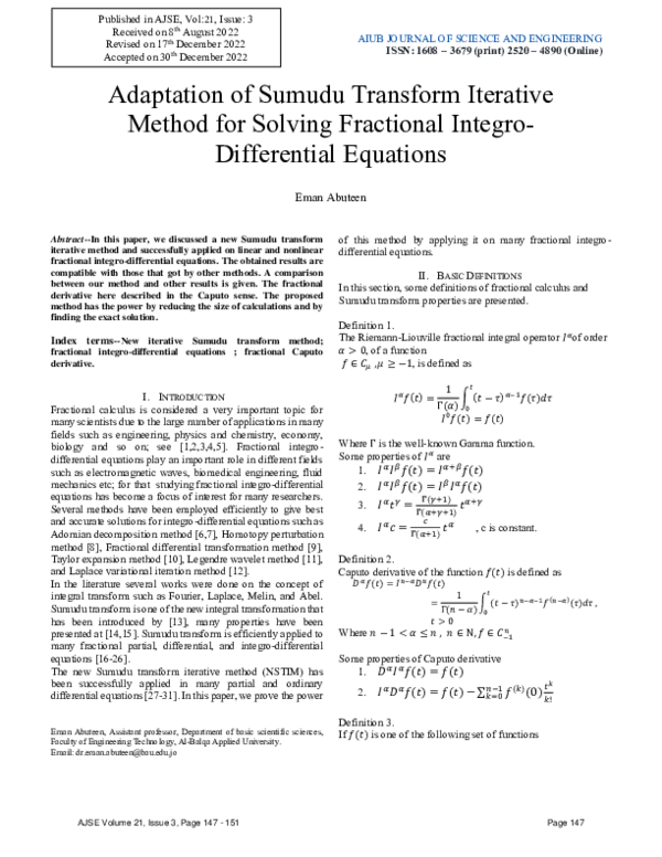 (PDF) Adaptation of Sumudu Transform Iterative Method for Solving Fractional Integro ...