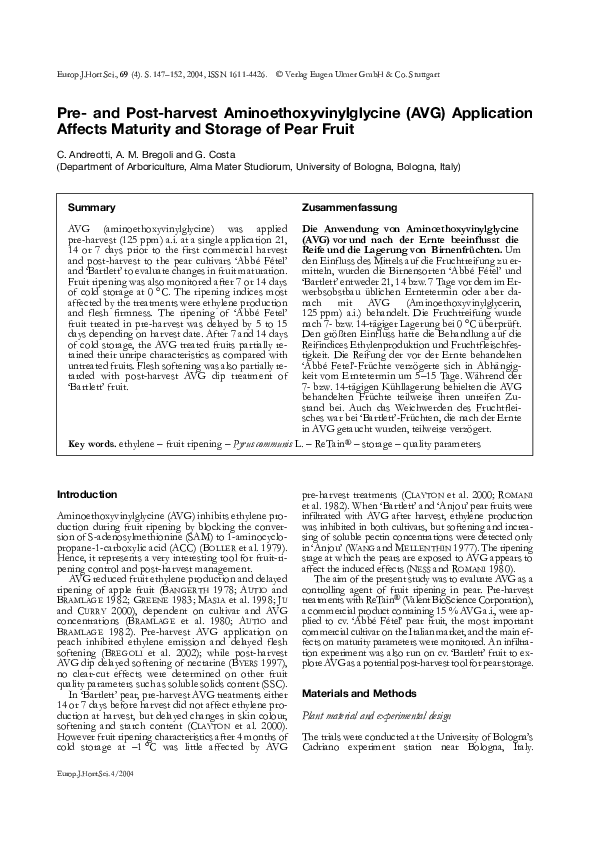(PDF) Pre- and Post-harvest Aminoethoxyvinylglycine (AVG) Application Affects Maturity and ...