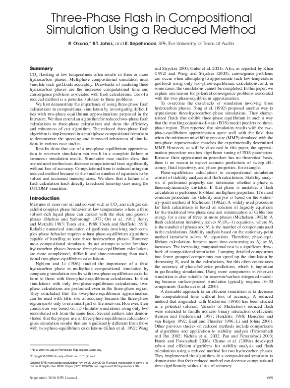 Pdf Three Phase Flash In Compositional Simulation Using A Reduced Method