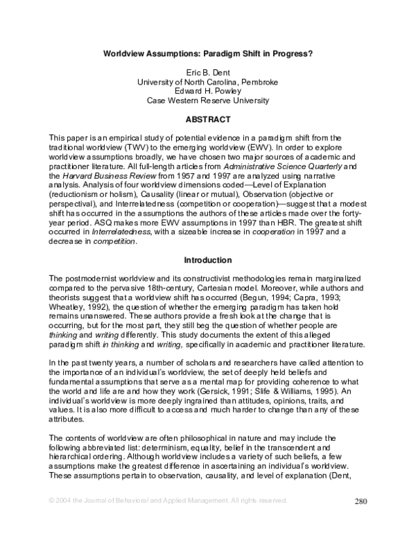 (PDF) Worldview Assumptions: Paradigm Shift in Progress?